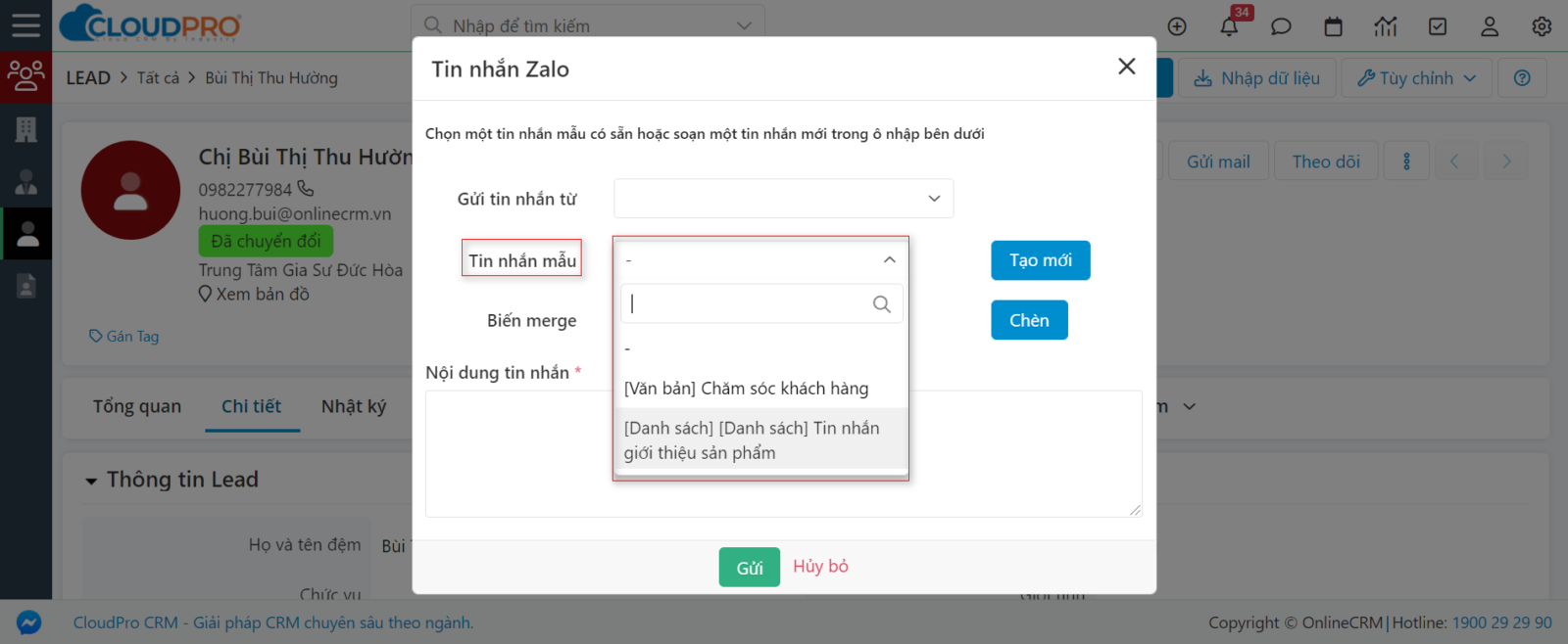 Gửi Zalo Miễn phí – Hướng dẫn sử dụng CloudproCRM