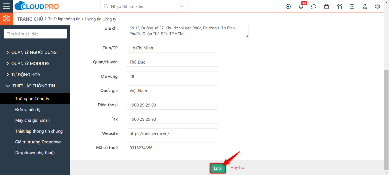 Thông tin công ty – Hướng dẫn sử dụng CloudPRO CRM