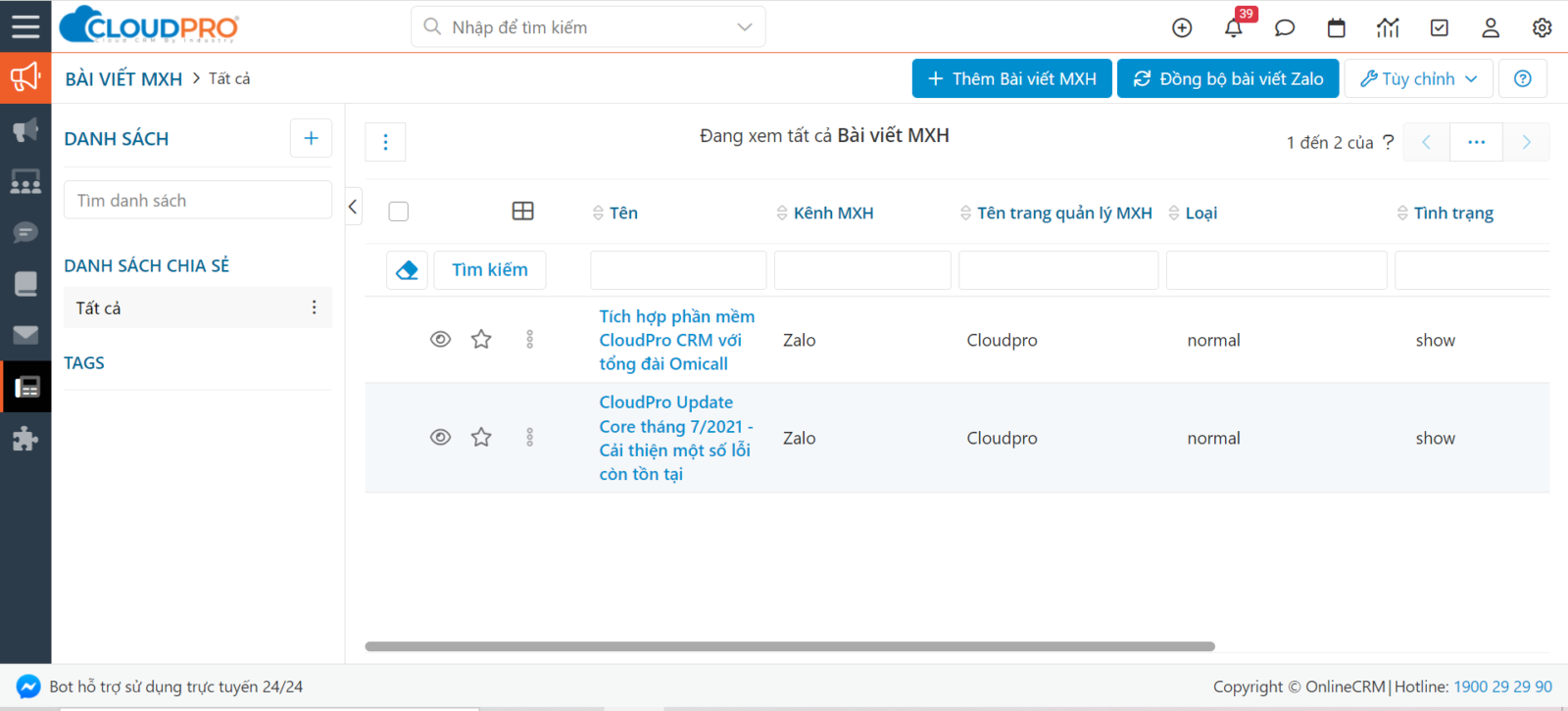 Gửi Zalo Miễn phí – Hướng dẫn sử dụng CloudPRO CRM