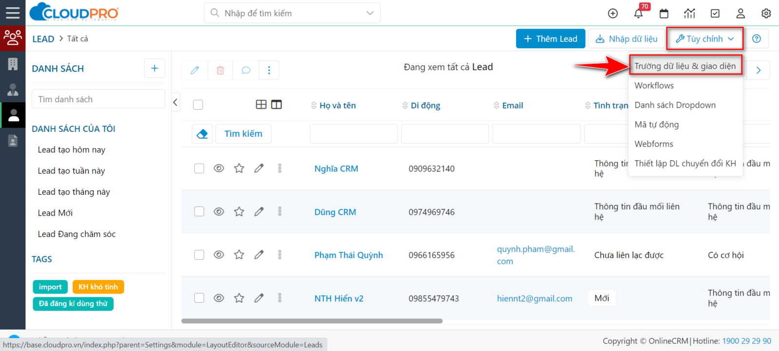 Tùy chỉnh layout – Hướng dẫn sử dụng CloudproCRM