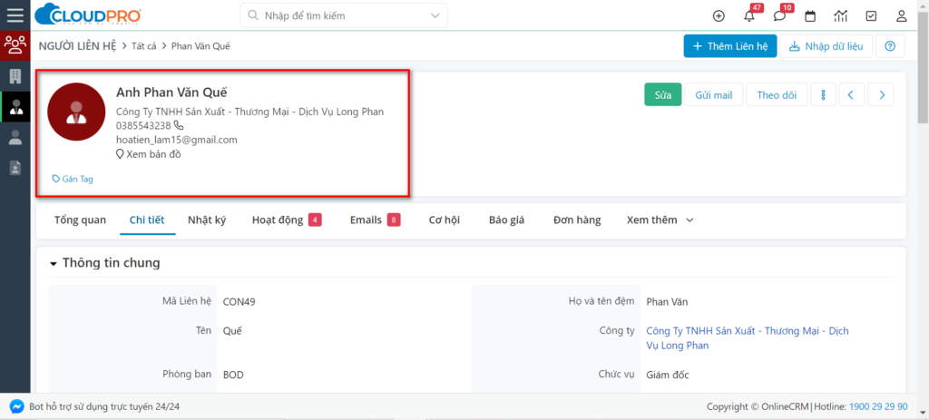 Màn hình chi tiết – Hướng dẫn sử dụng CloudPRO CRM