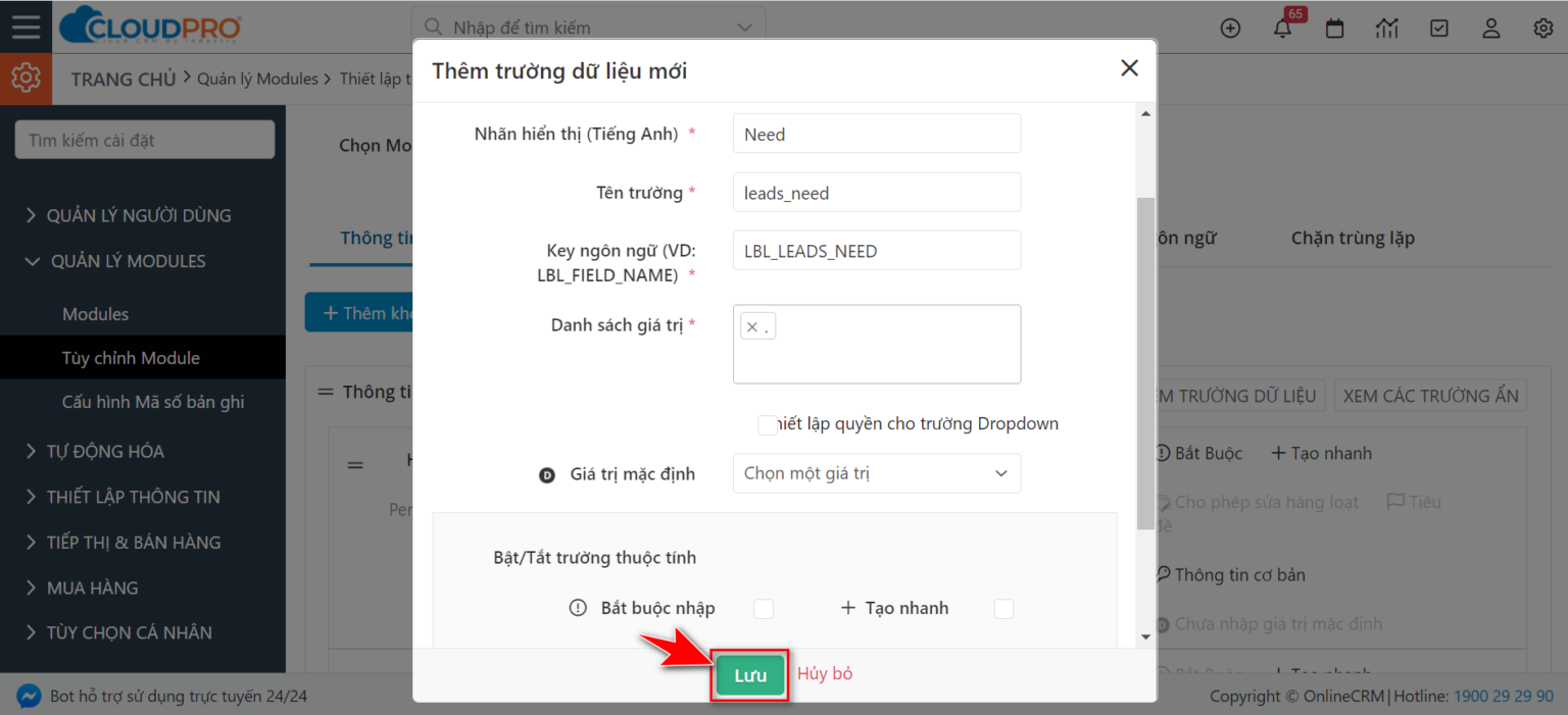 Tùy chỉnh layout – Hướng dẫn sử dụng CloudPRO CRM