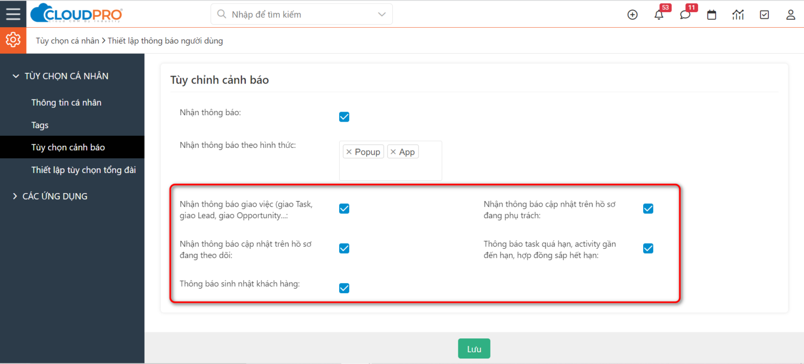 Thiết lập thông báo – Hướng dẫn sử dụng CloudPRO CRM