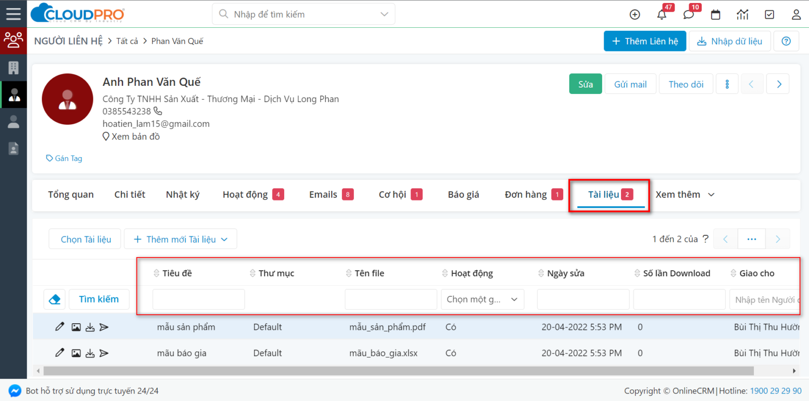Màn hình chi tiết – Hướng dẫn sử dụng CloudPRO CRM