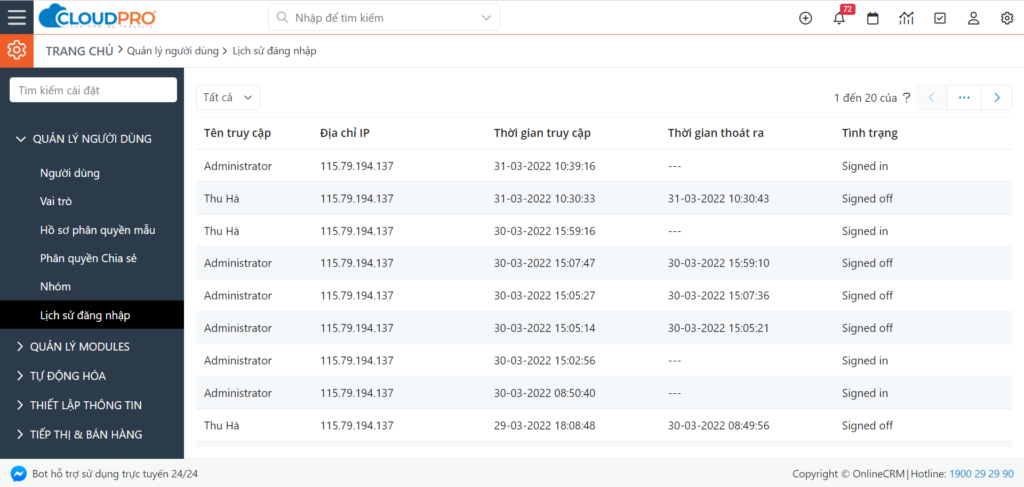 Lịch sử đăng nhập – Hướng dẫn sử dụng CloudproCRM