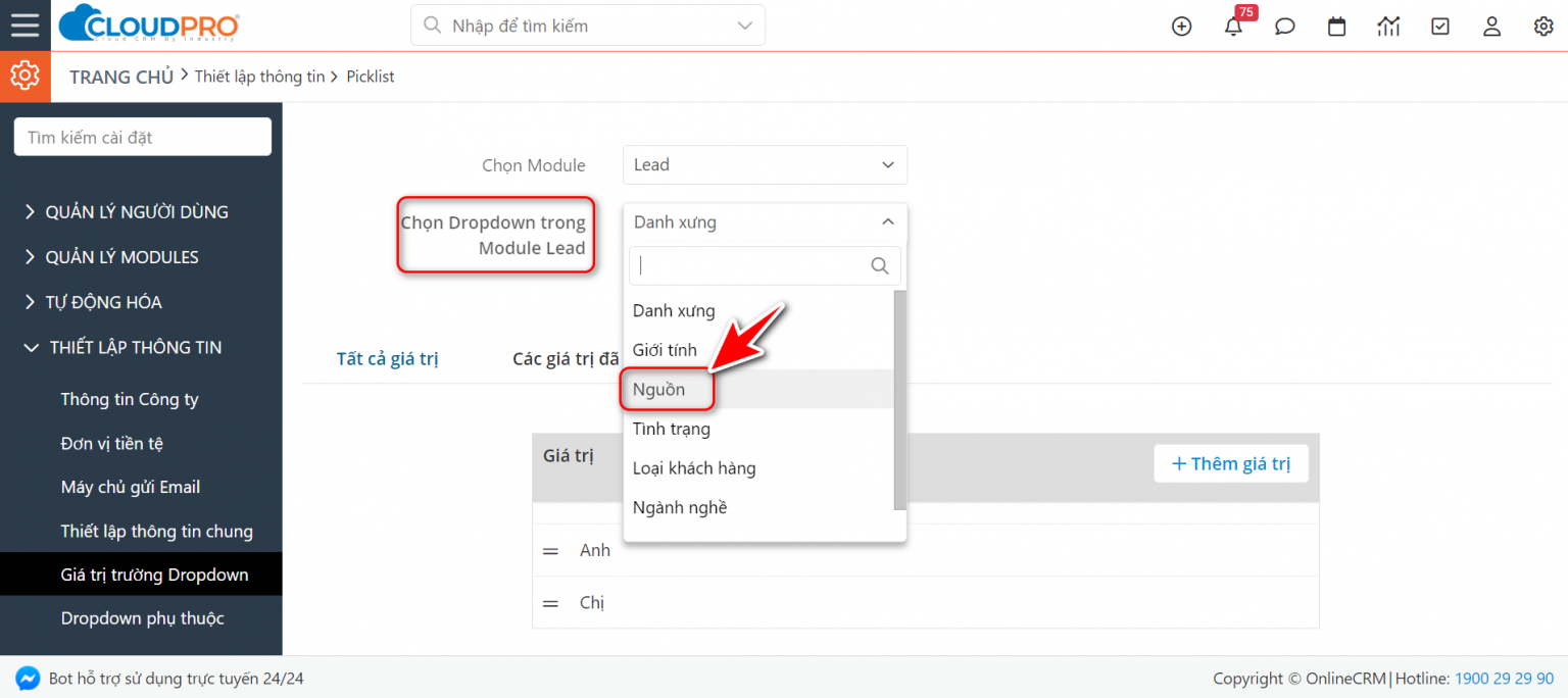 Giá trị trường Dropdown – Hướng dẫn sử dụng CloudPRO CRM