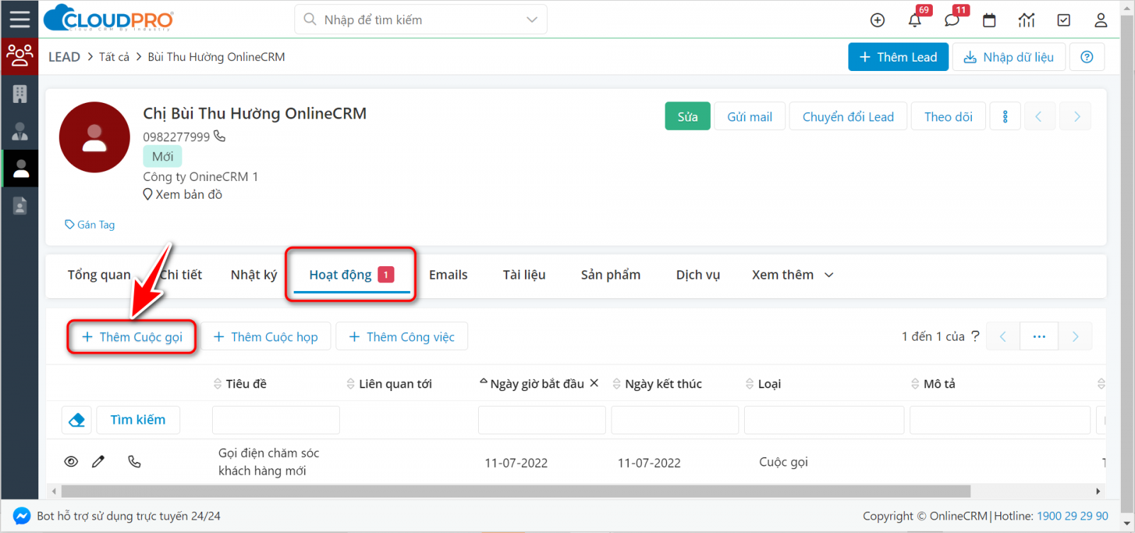 Tiếp cận – Chăm sóc Lead – Hướng dẫn sử dụng CloudPRO CRM