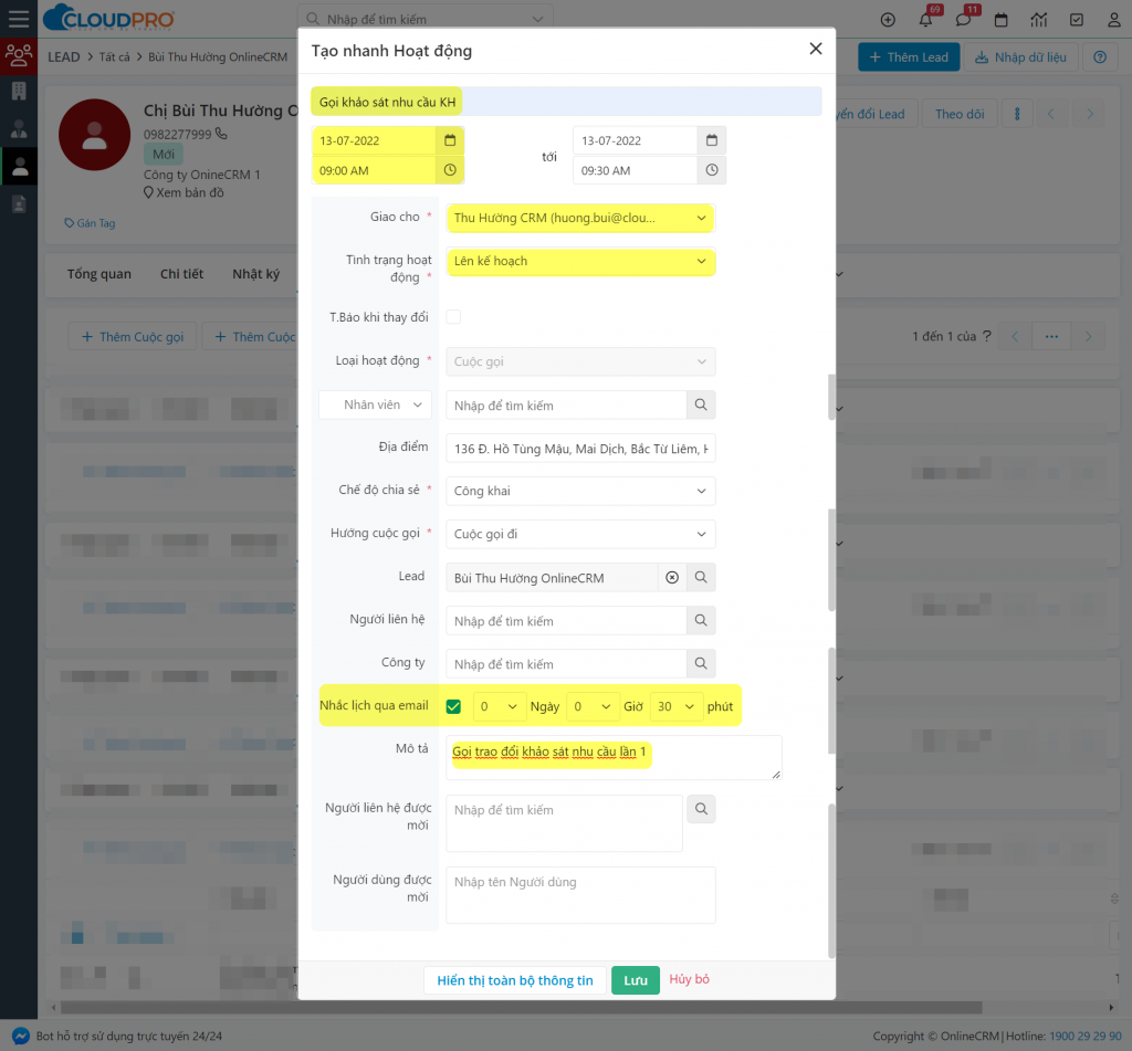 Tiếp cận – Chăm sóc Lead – Hướng dẫn sử dụng CloudPRO CRM