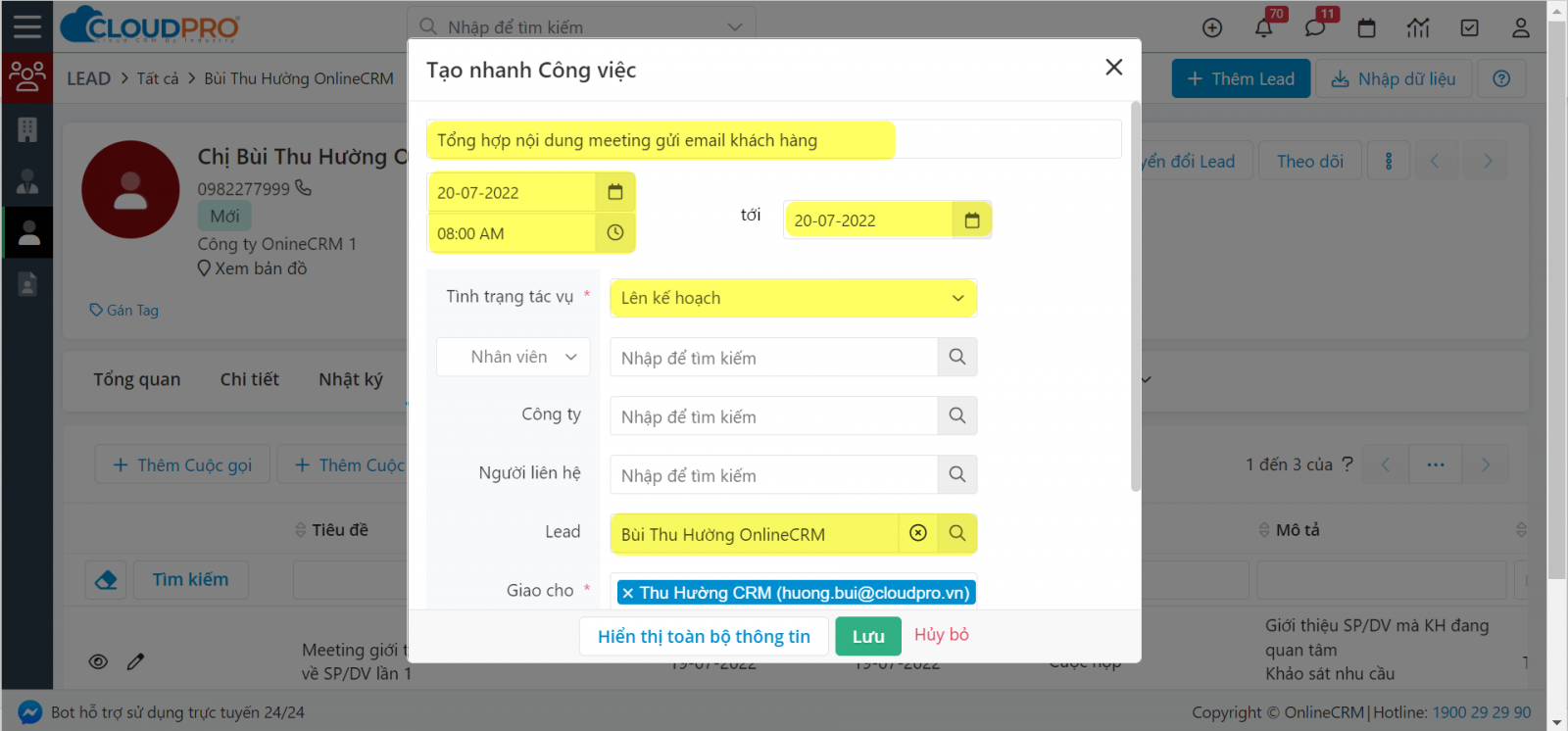 Tiếp cận – Chăm sóc Lead – Hướng dẫn sử dụng CloudPRO CRM