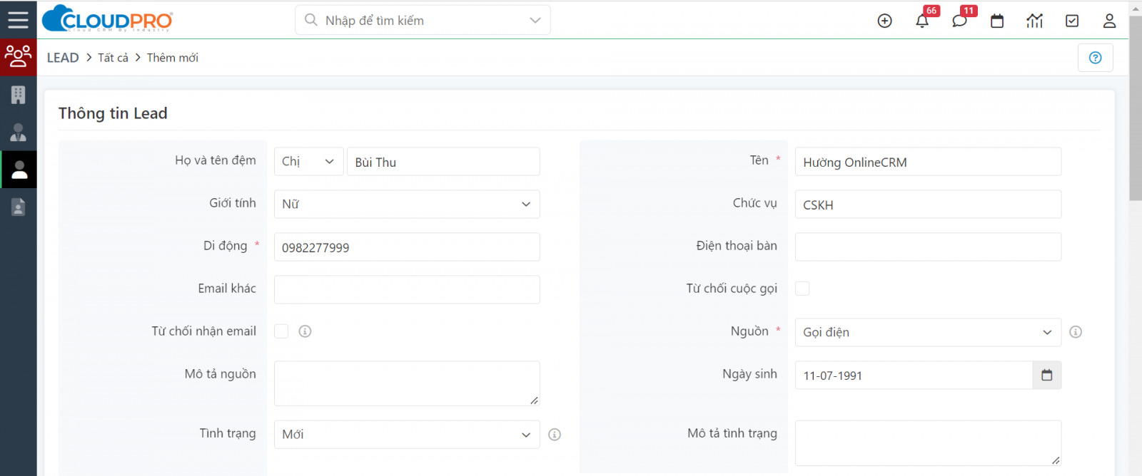 Tạo mới Lead – Hướng dẫn sử dụng CloudPRO CRM