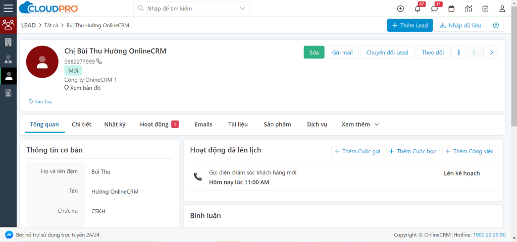 Tạo mới Lead – Hướng dẫn sử dụng CloudPRO CRM