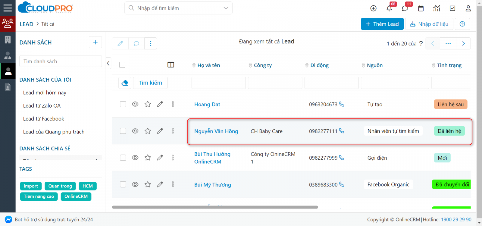 Tạo mới Lead – Hướng dẫn sử dụng CloudPRO CRM