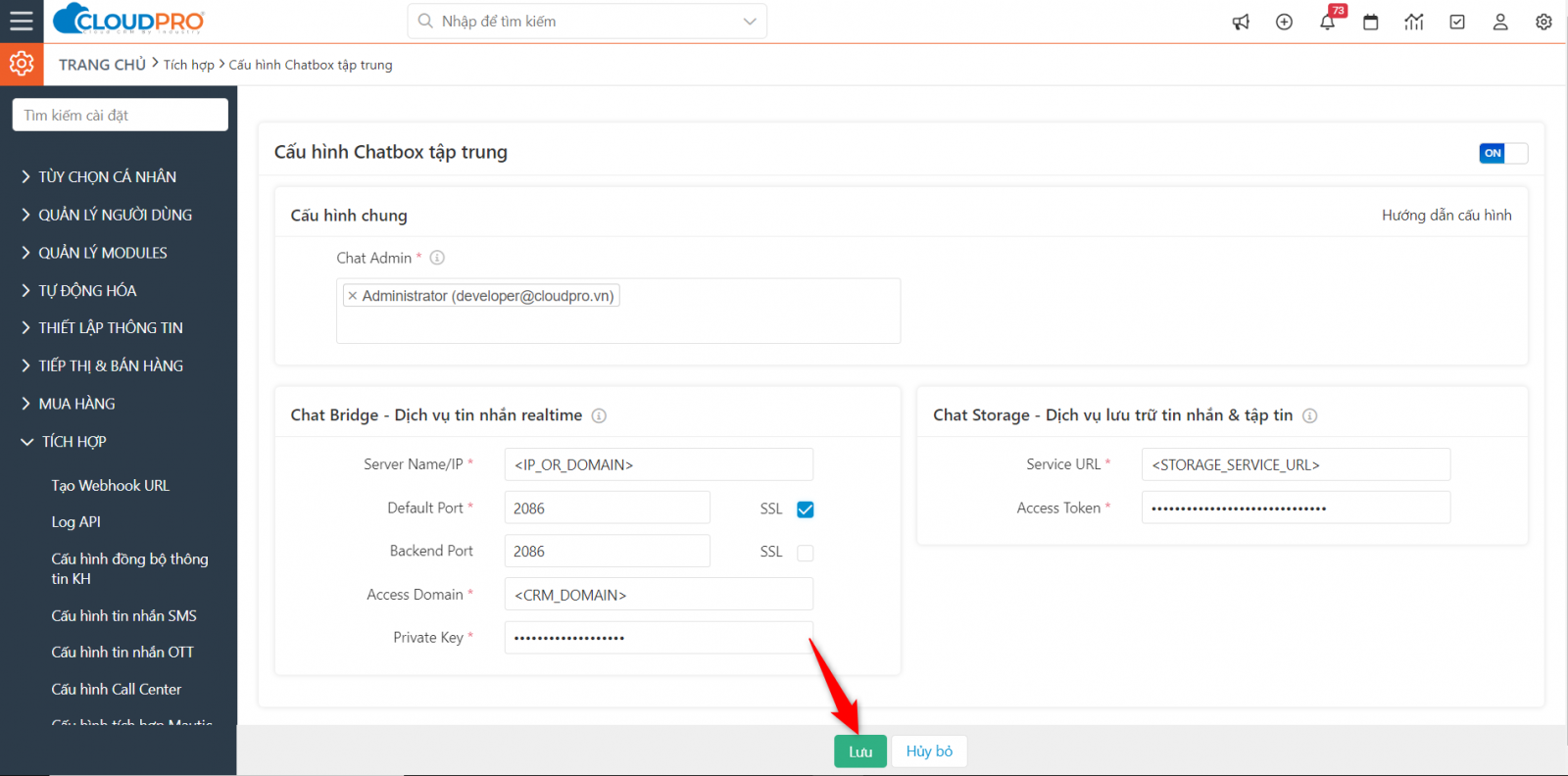 Cấu hình chatbox tập trung – Hướng dẫn sử dụng CloudPRO CRM