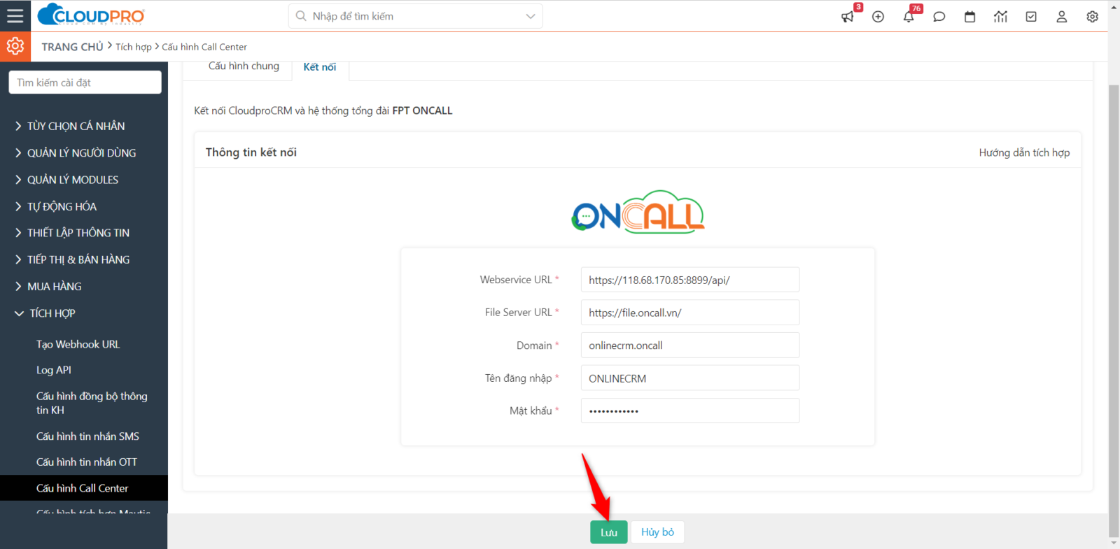 FPT ONCALL – Hướng dẫn sử dụng CloudproCRM