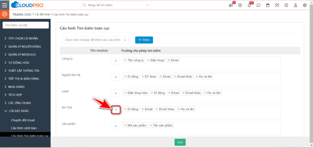 Cấu hình tìm kiếm toàn cục – Hướng dẫn sử dụng CloudPRO CRM