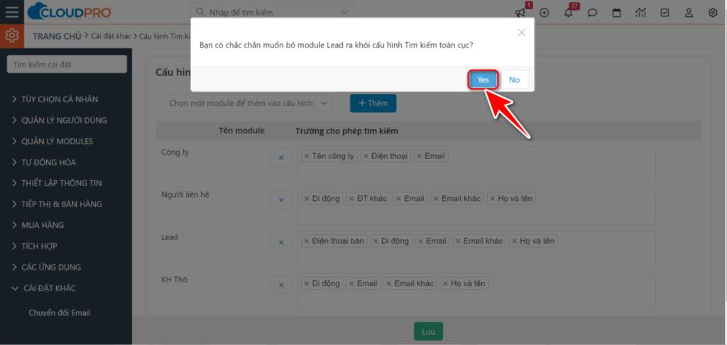 Cấu hình tìm kiếm toàn cục – Hướng dẫn sử dụng CloudPRO CRM